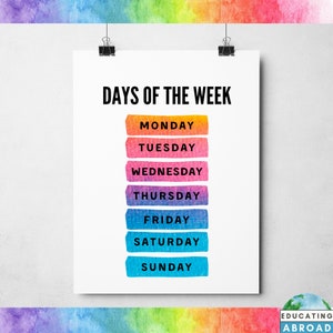 Days of the Week Printable Classroom Decor Nursery Wall Art Rainbow ...