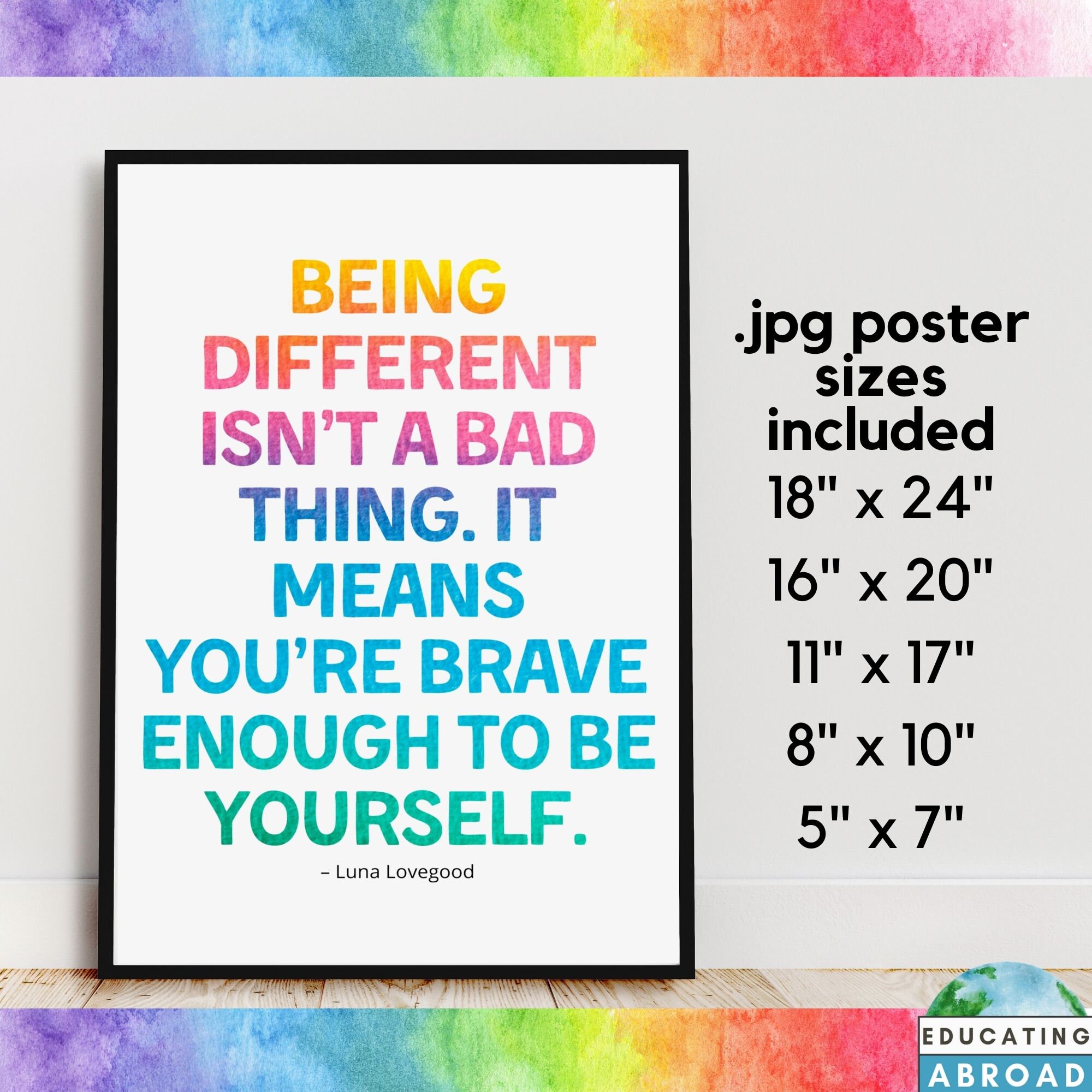 Inspirational Classroom Poster: Be Unique, Be Yourself - Rainbow Quote ...