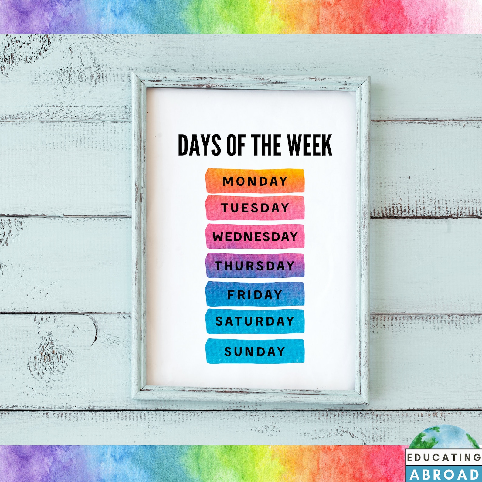 Days of the Week Printable Classroom Decor Nursery Wall Art Rainbow ...