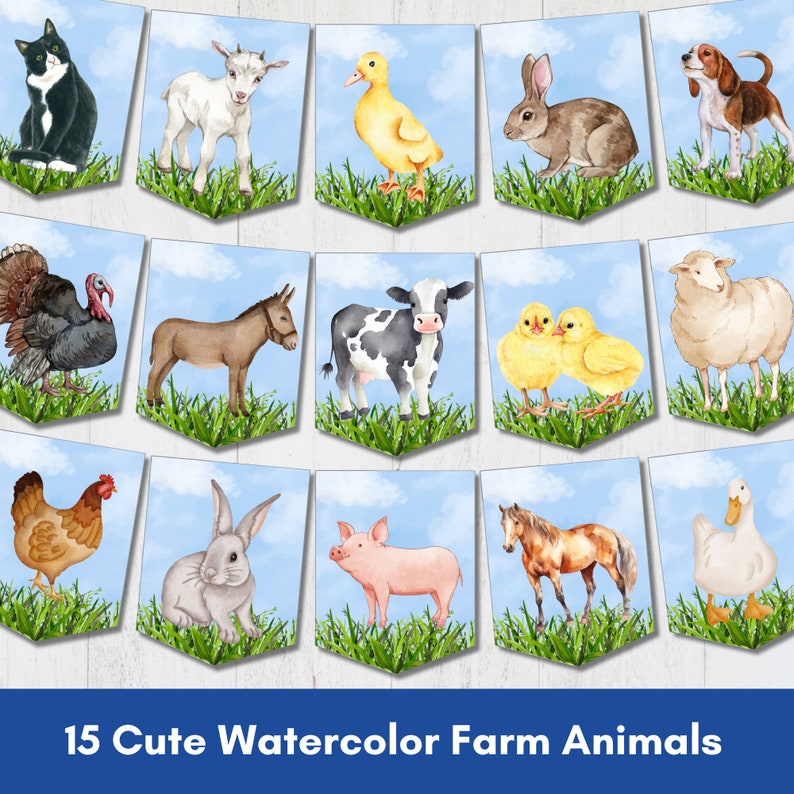 Watercolor Farm Animal Party Banner: Customizable Bunting (digital ...
