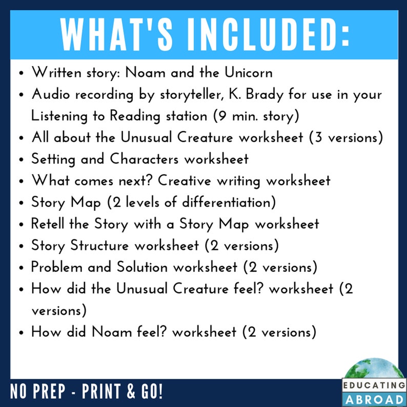 Noam and the Unicorn: Storytelling and Literacy Station Worksheets (PDF ...