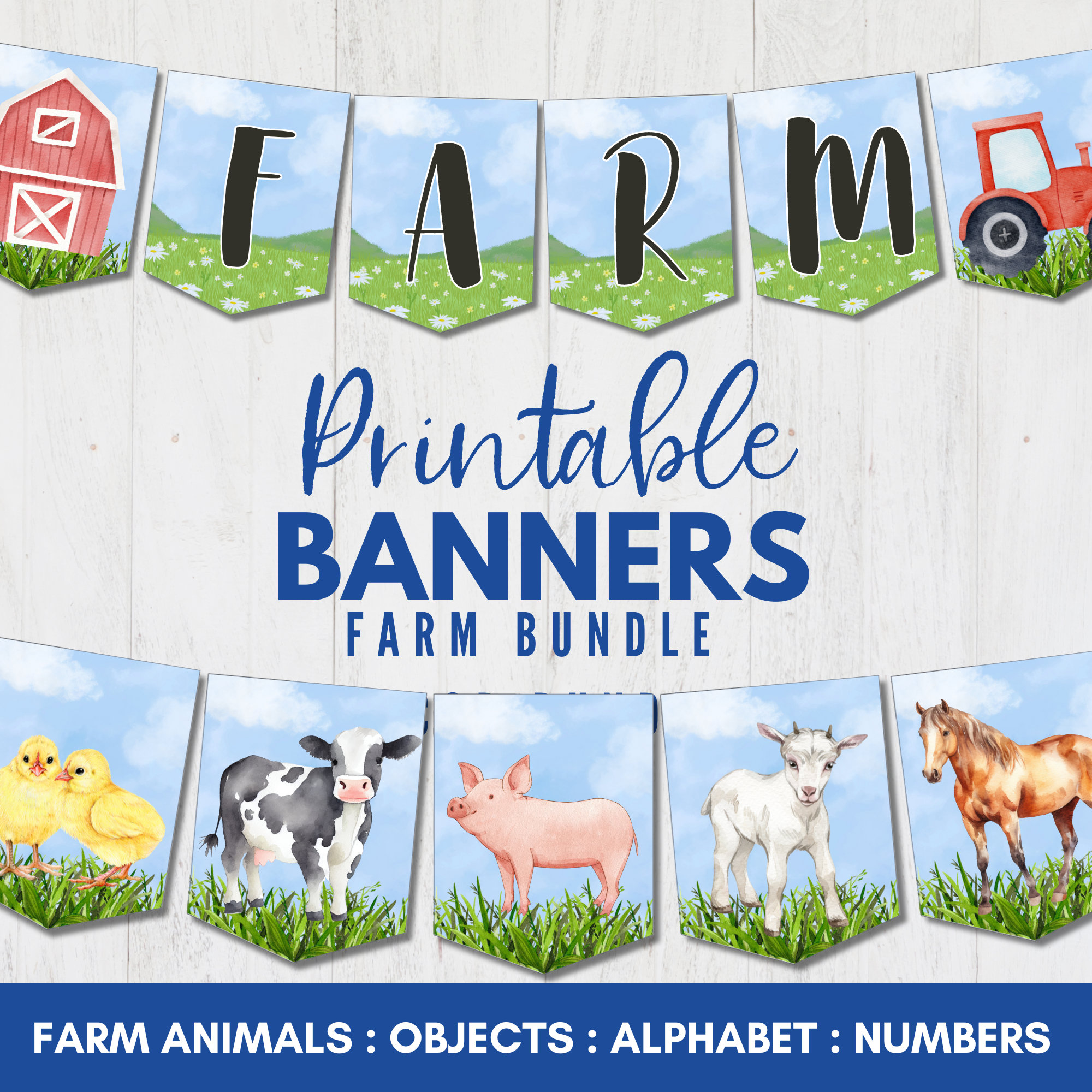 Watercolor Farm Animal Party Banner: Customizable Bunting (digital ...