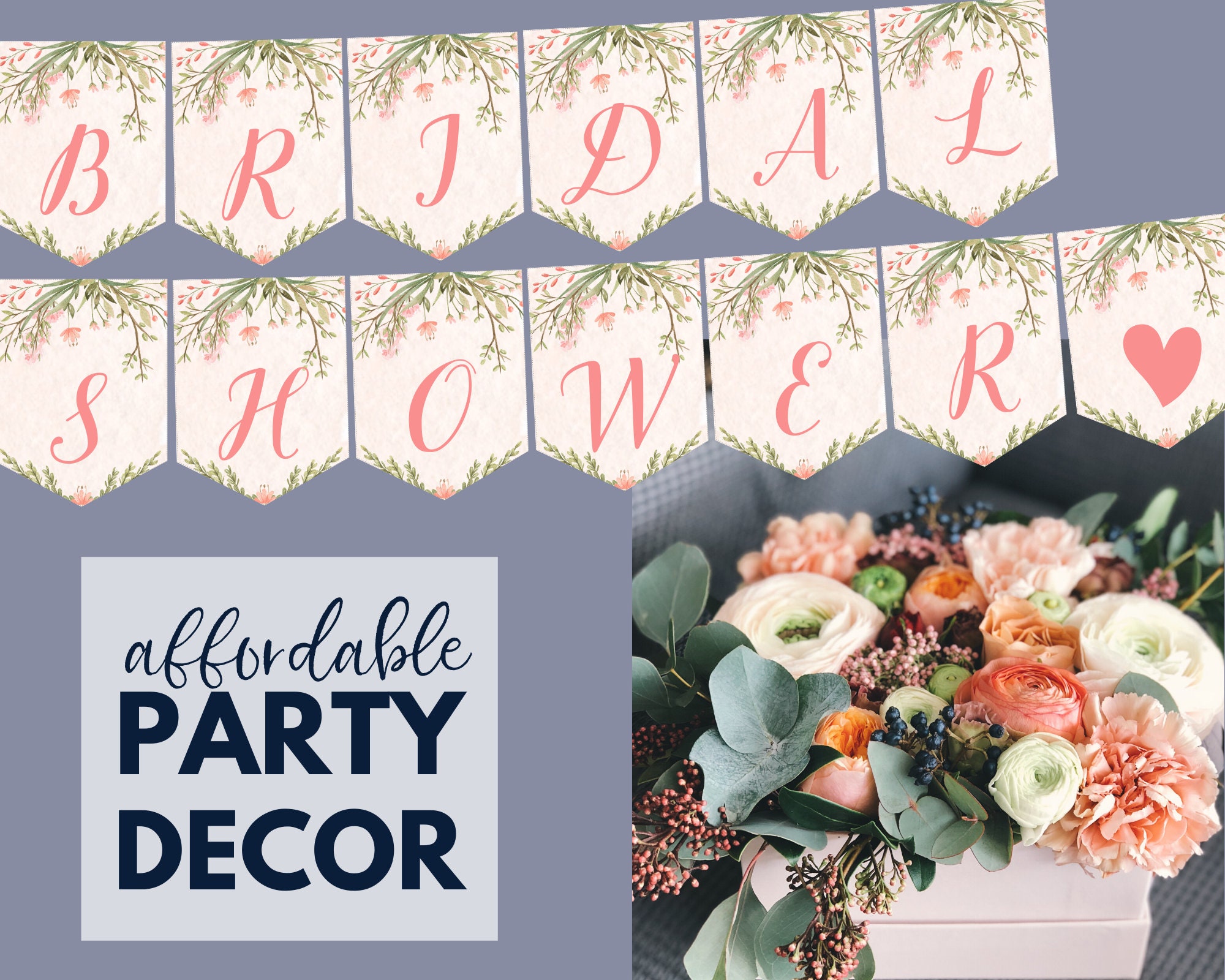 Printable Bunting Banner: Blush Watercolor Wildflowers & Greenery ...