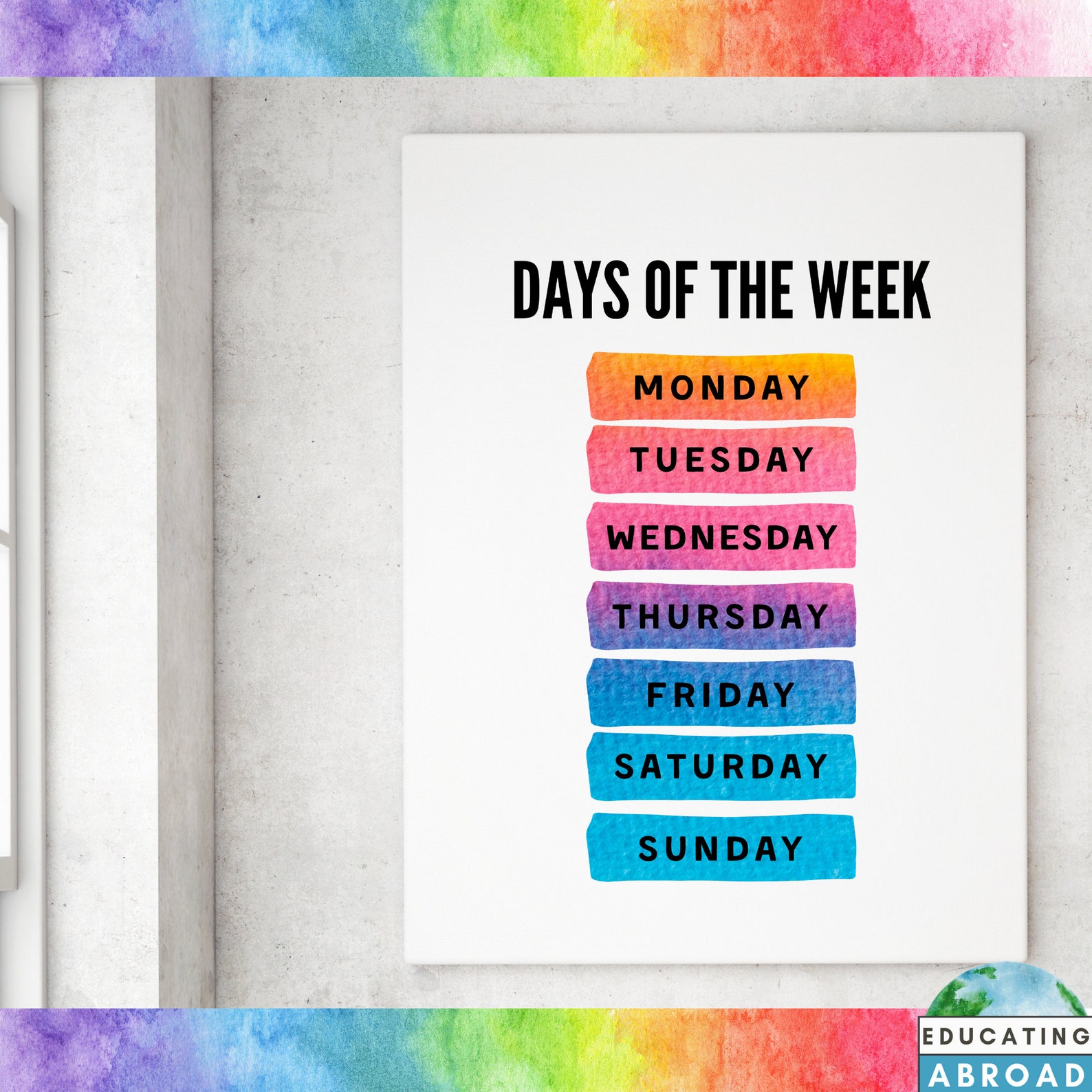 Days of the Week Printable Classroom Decor Nursery Wall Art Rainbow ...