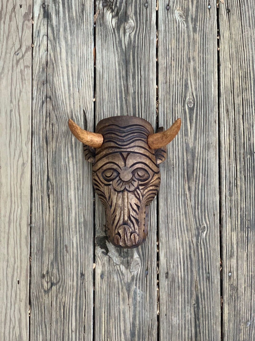 Handcarved Cow Skull- Brown Cow Skull- Wooden Cow Skull- Southwest ...