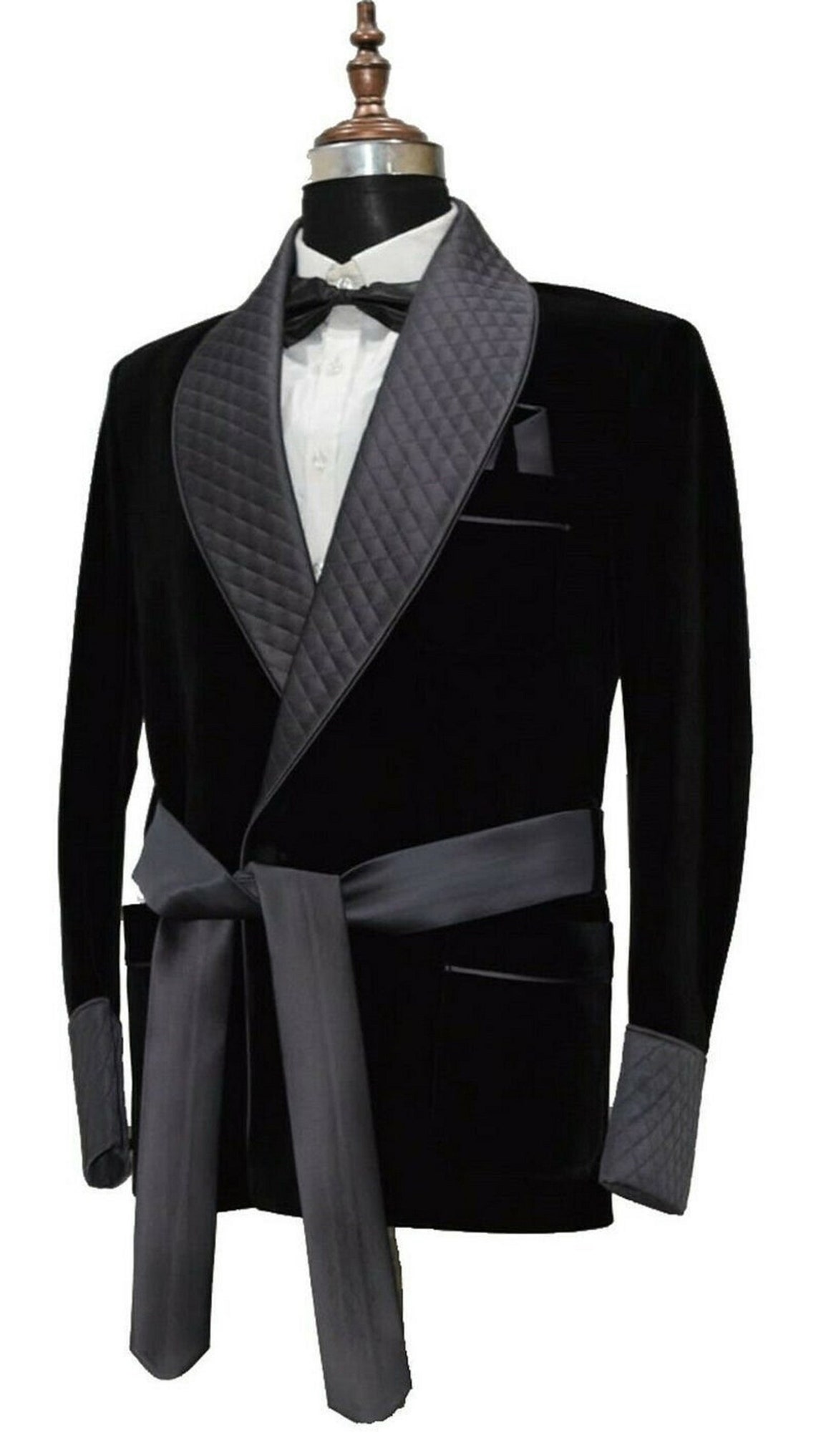 Men Black Smoking Jacket Robe Velvet Quilted Elegant Hosting Evening ...
