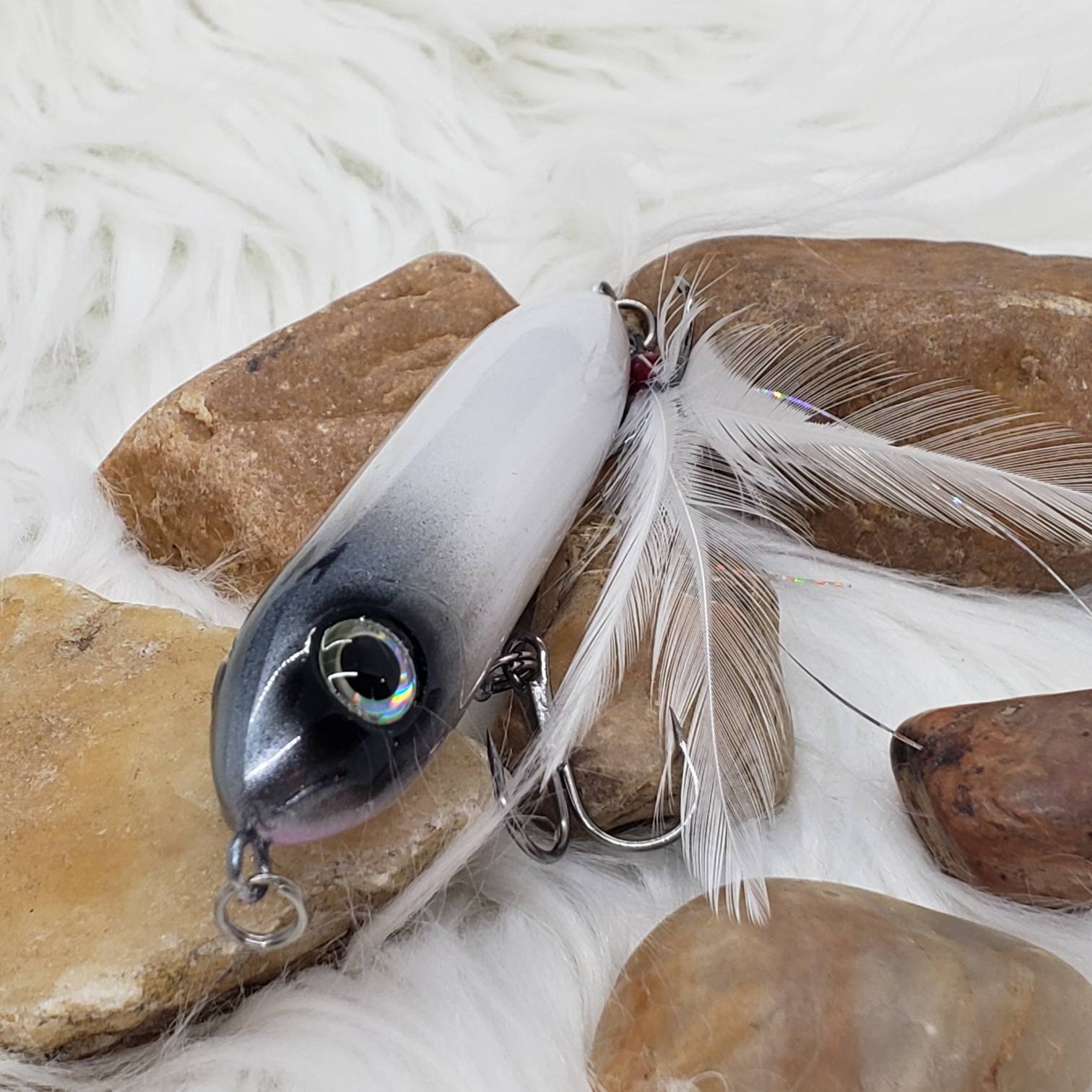 White Top water Spook style bait with hand tied feather hook. | Etsy