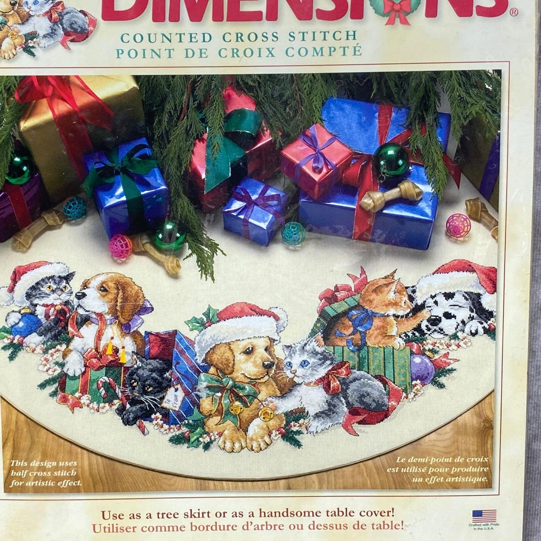 NIP Dimensions Frisky Friends Tree Skirt Cross Stitch Kit Christmas ...