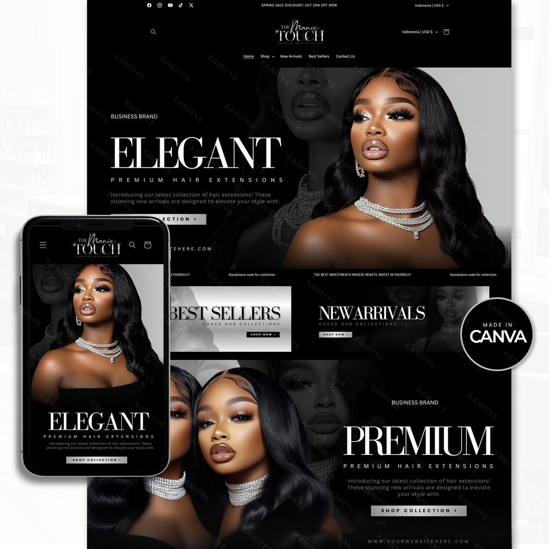 Hair Website, Hair Website Template Canva, Hair Extensions Website ...