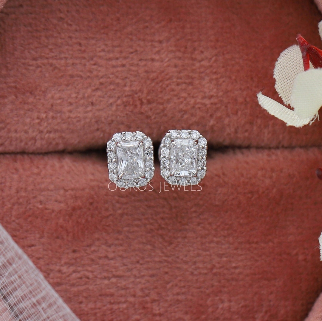 Radiant Cut Eco Friendly Diamond Halo Stud Earrings / 14K White Gold ...
