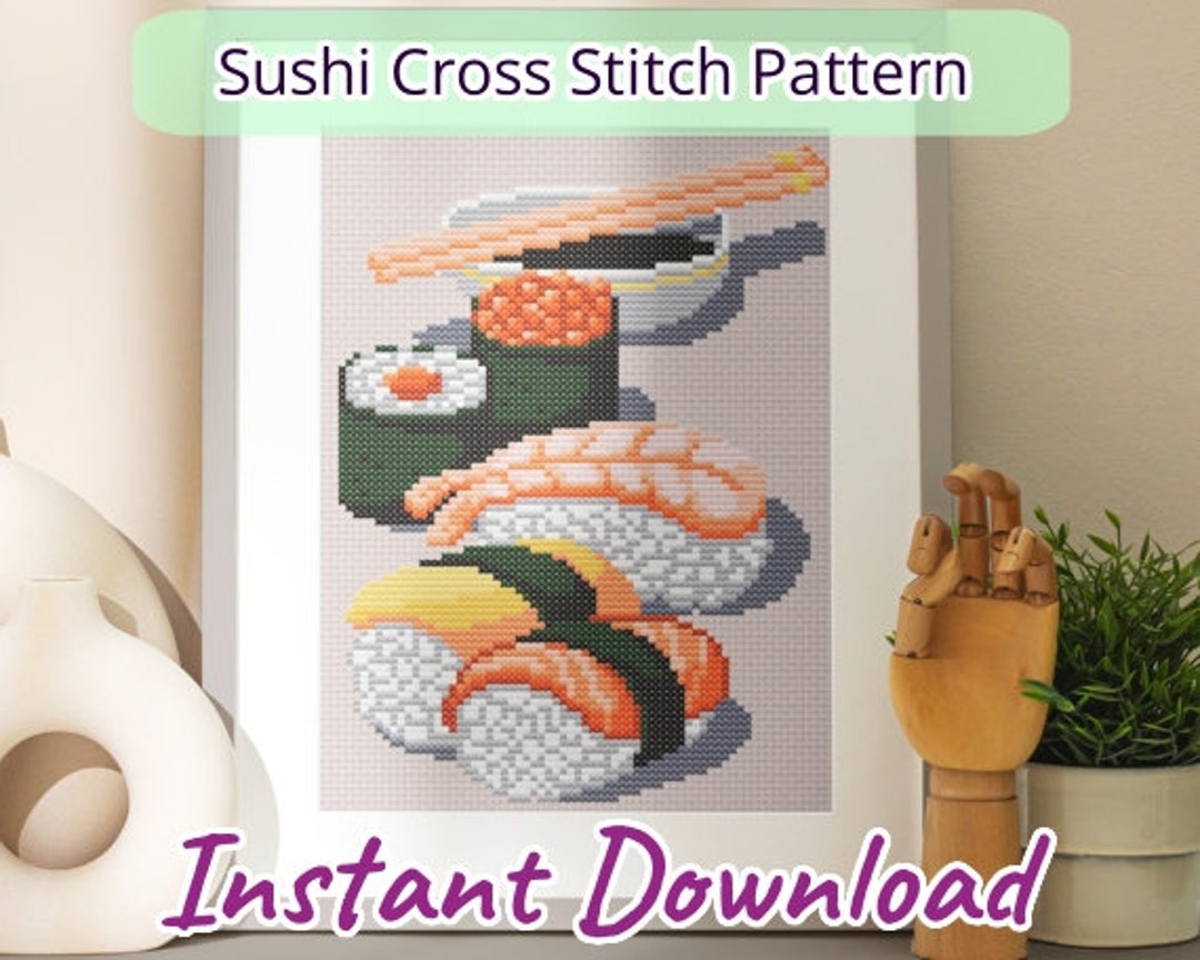 Sushi Cross Stitch Pattern, Kawaii Cross Stitch, Home Decor DIY, Food ...