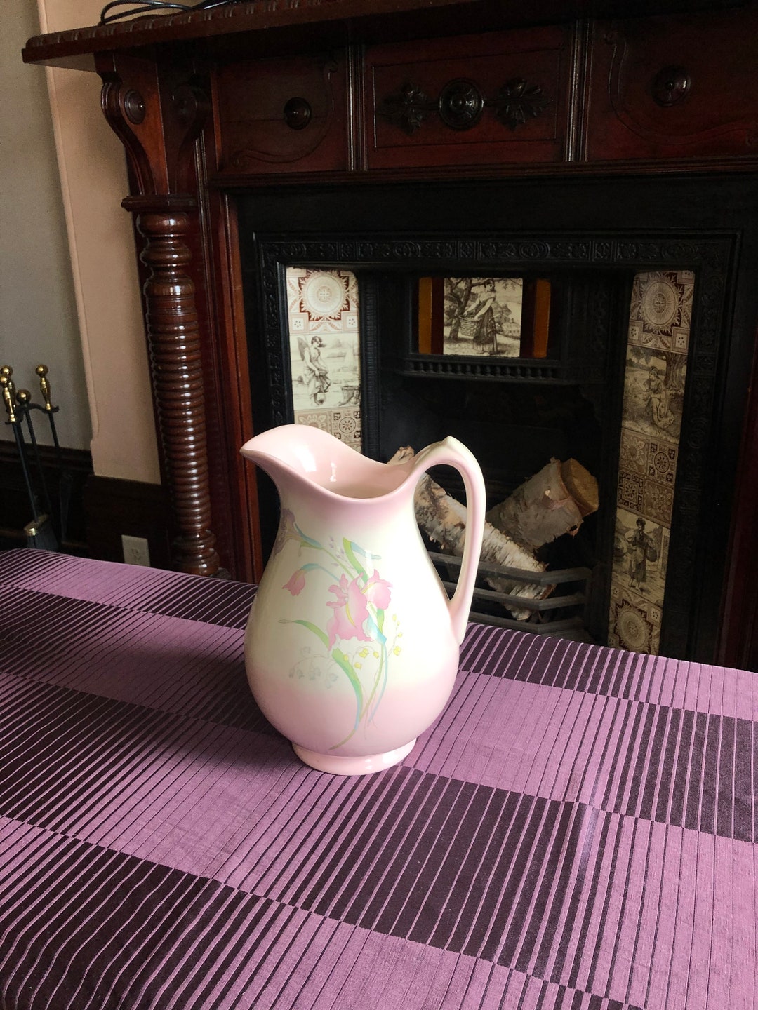 Vintage Pitcher - Flower Vase -pink and White Pitcher - Vintage Floral ...