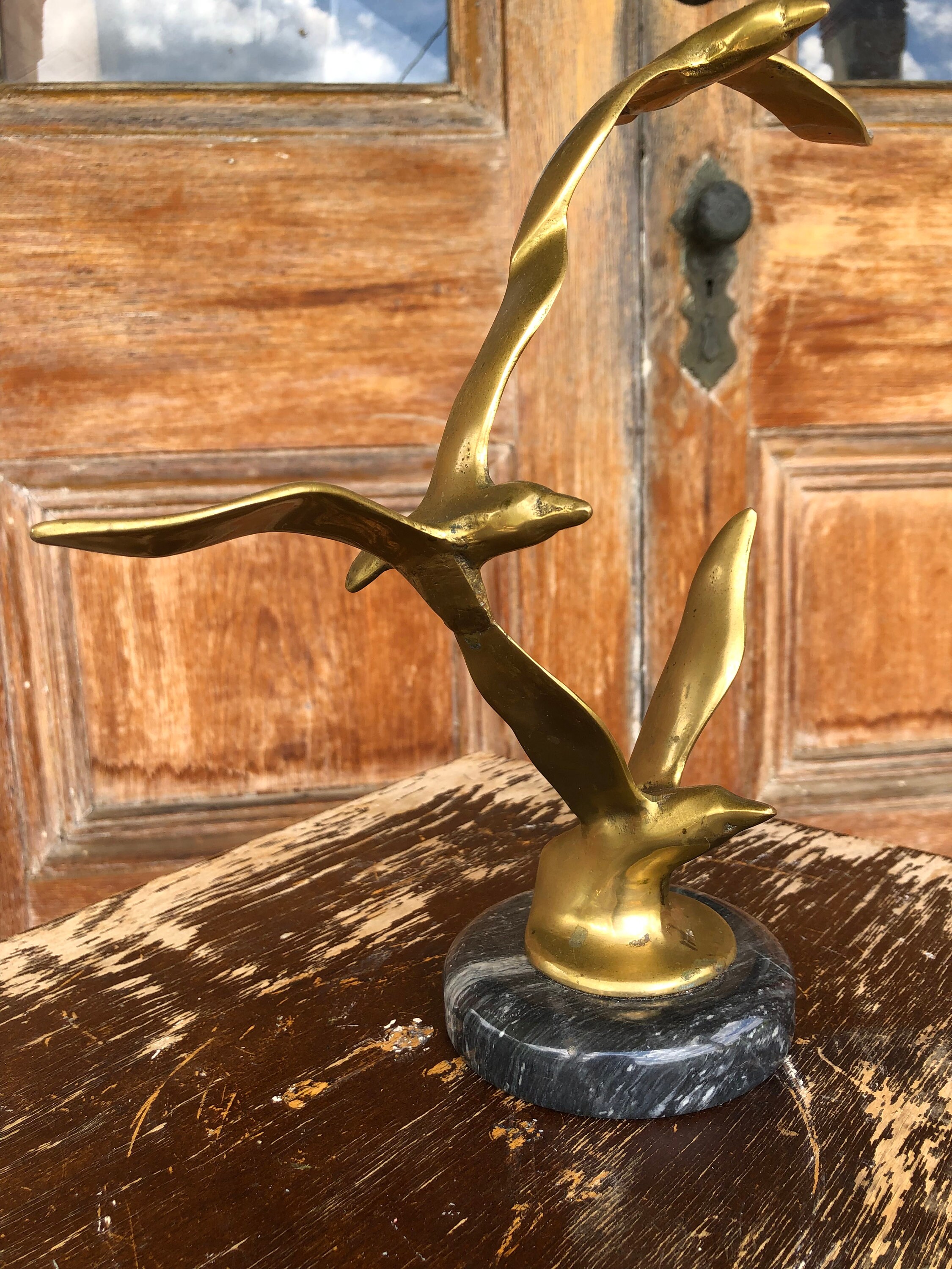 Vintage Brass Statue of Flying Birds on Marble Base - Bird Brass Statue ...
