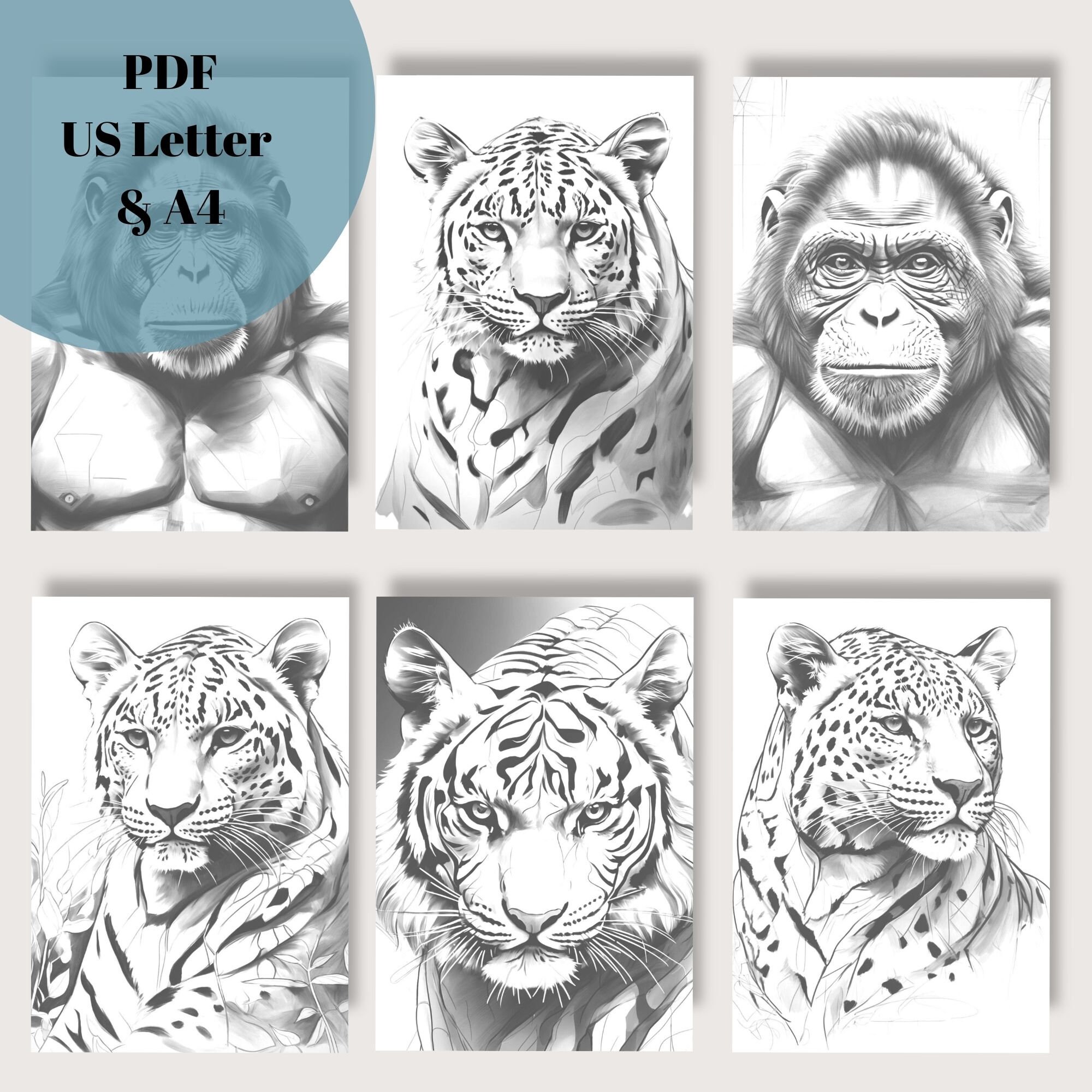 40 Wild Animals Coloring Pages,download Grayscale Illustration,jungle ...