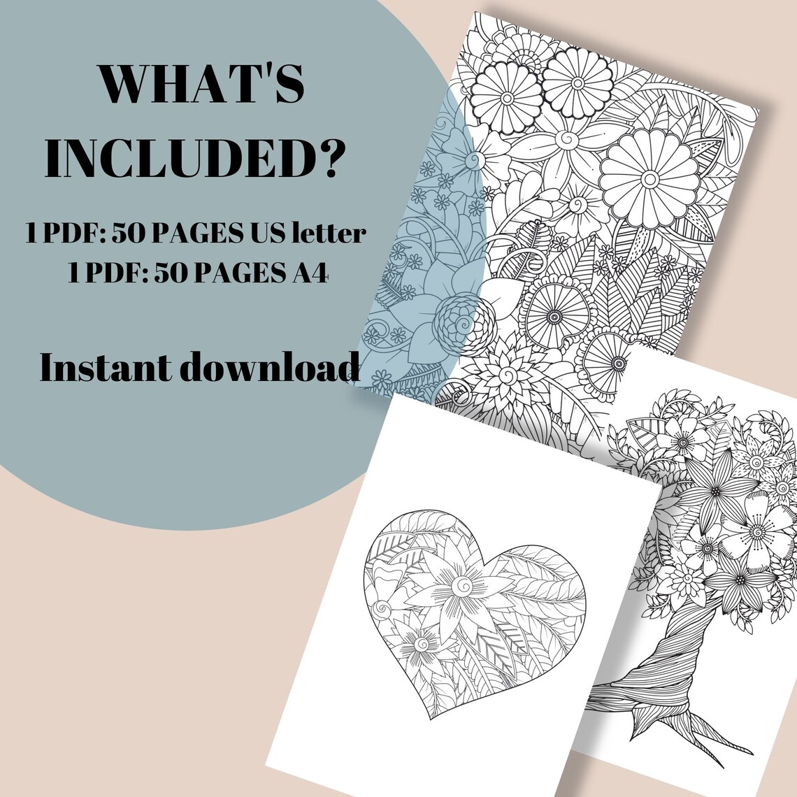 50 Coloring Pages for Adults Teen Kids, Flower Line Pattern,digital ...