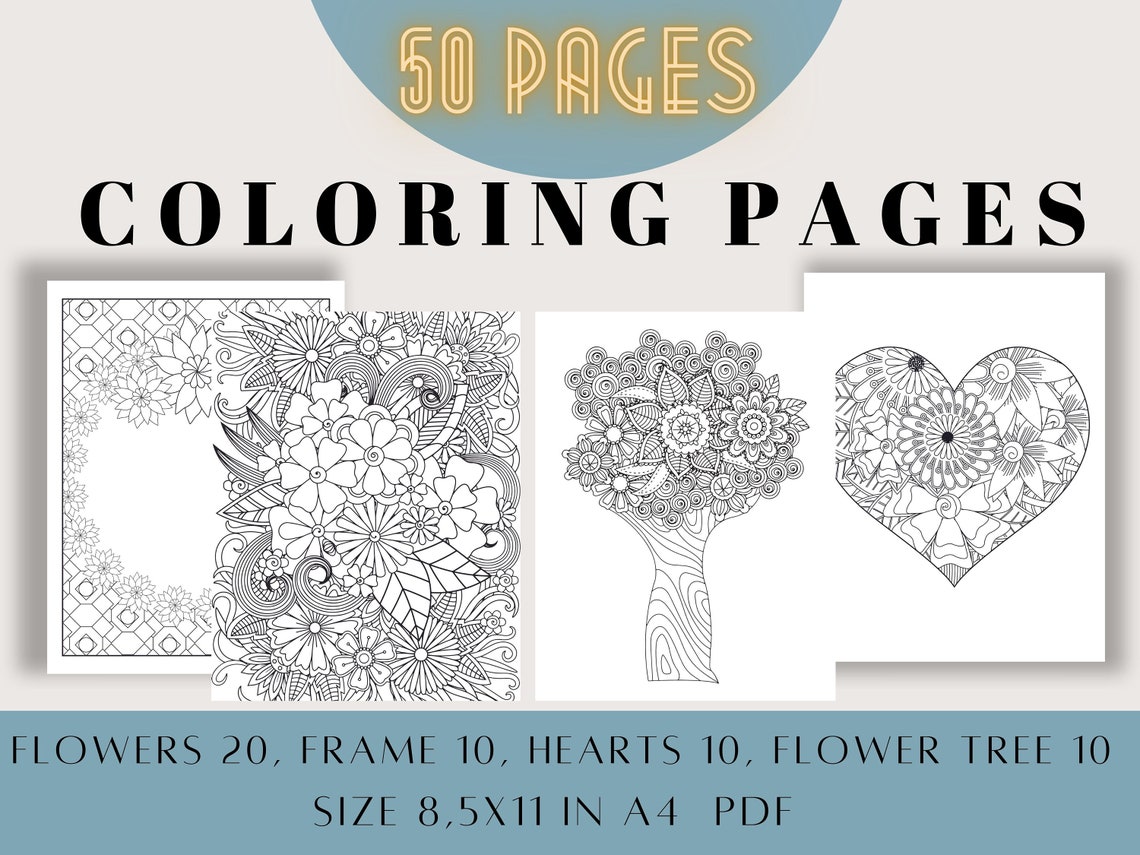 50 Coloring Pages for Adults Teen Kids Flower Line - Etsy