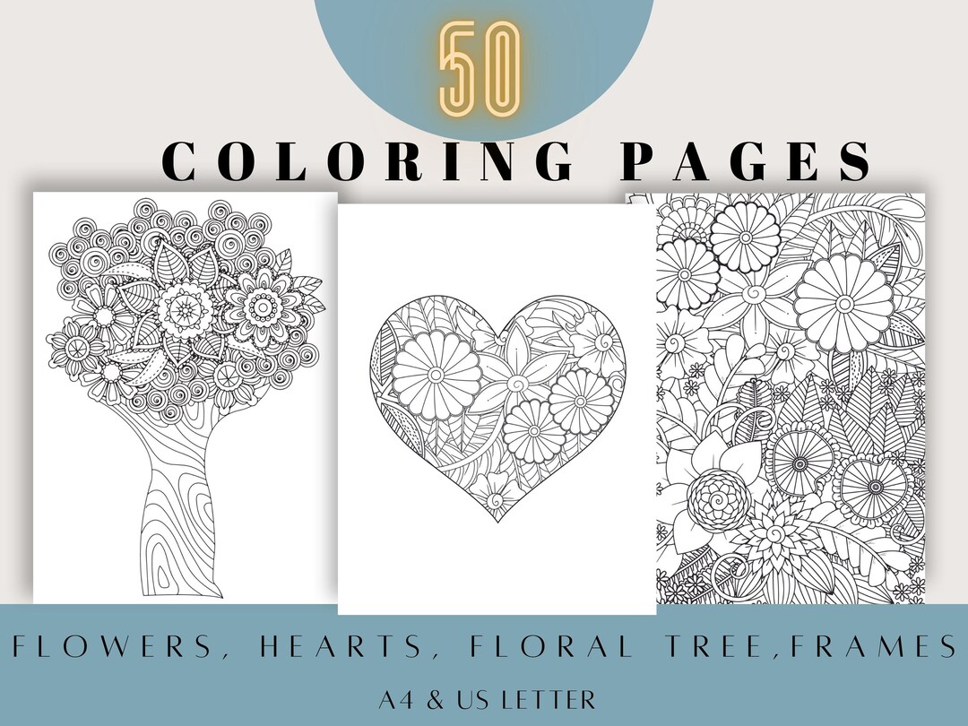 50 Coloring Pages for Adults Teen Kids, Flower Line Pattern,digital ...
