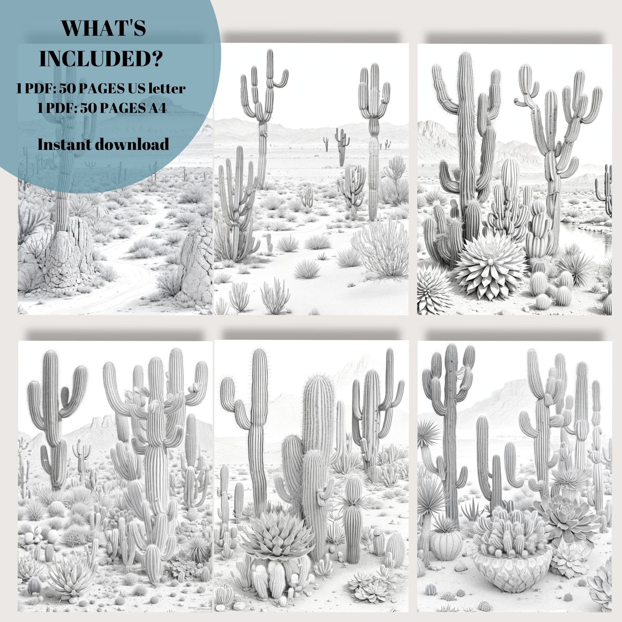 50 Blooming Desert Coloring Pages for Adults and Kids,cactus Digital ...