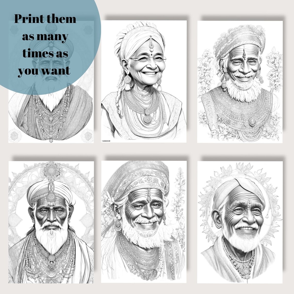 30 Indian People Coloring Pages Bundle for Adults,digital Coloring ...