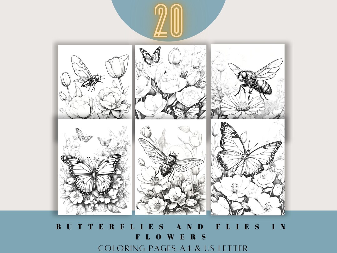 20 Butterflies and Flies in Flowers Coloring Pages,garden,nature,floral ...