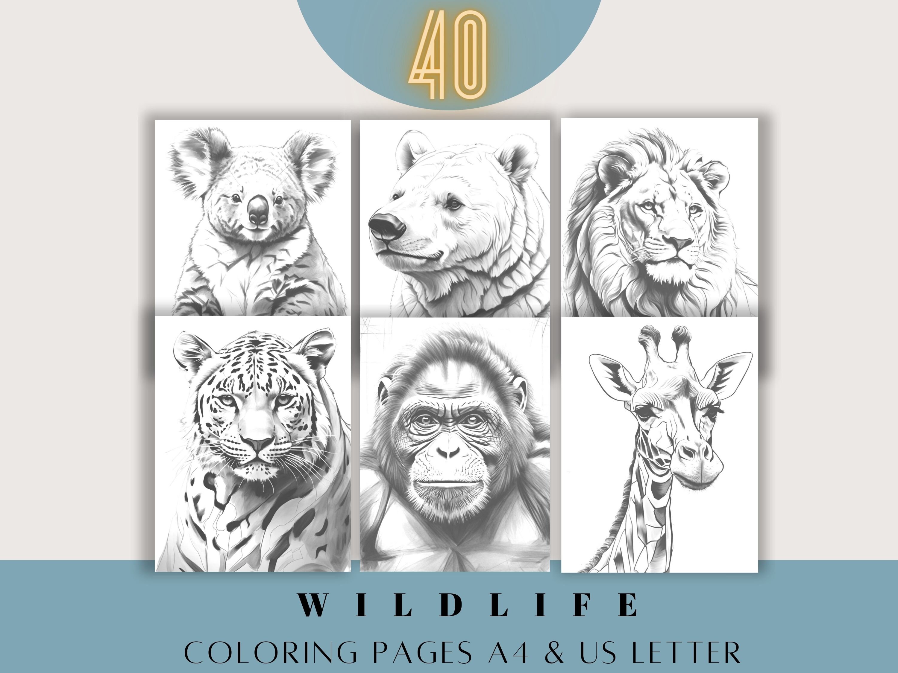 40 Wild Animals Coloring Pages,download Grayscale Illustration,jungle ...