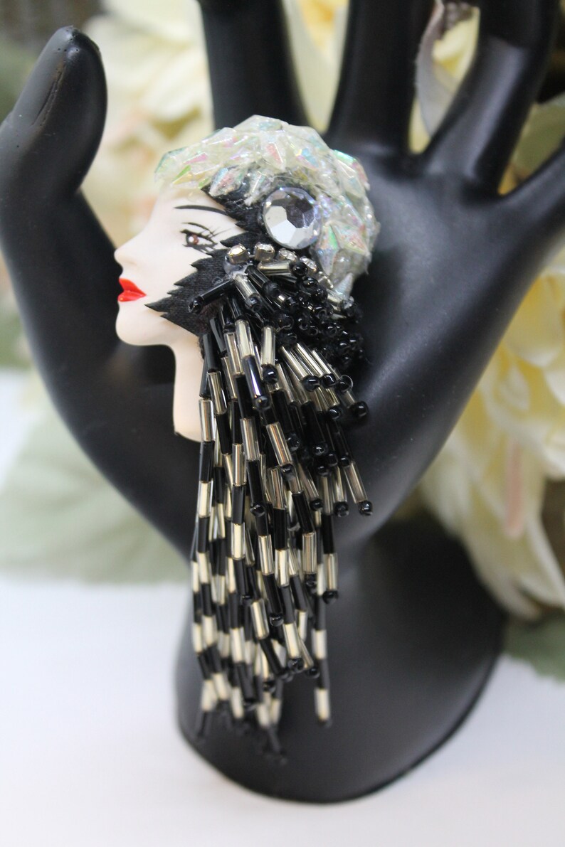 Vintage Lady Head Beaded Flapper Brooch - Etsy