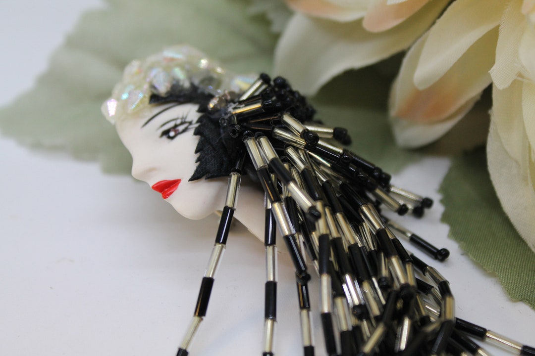Vintage Lady Head Beaded Flapper Brooch - Etsy
