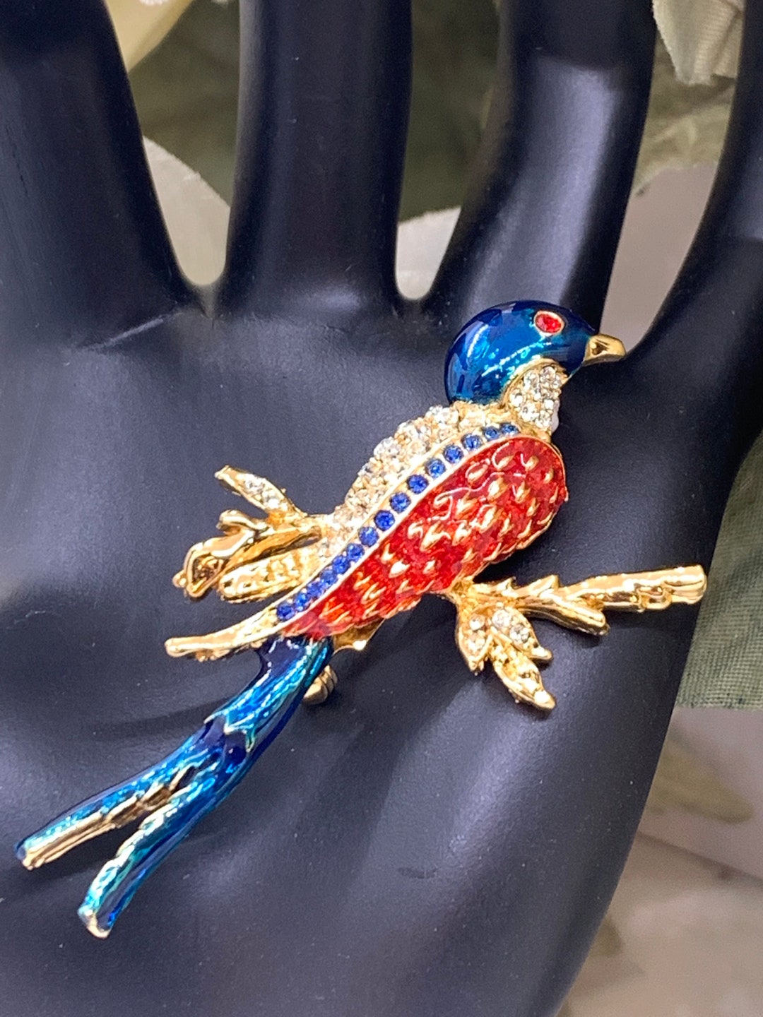 Vintage Enamel Bird Brooch, Rhinestone Gold Branch Pin - Etsy