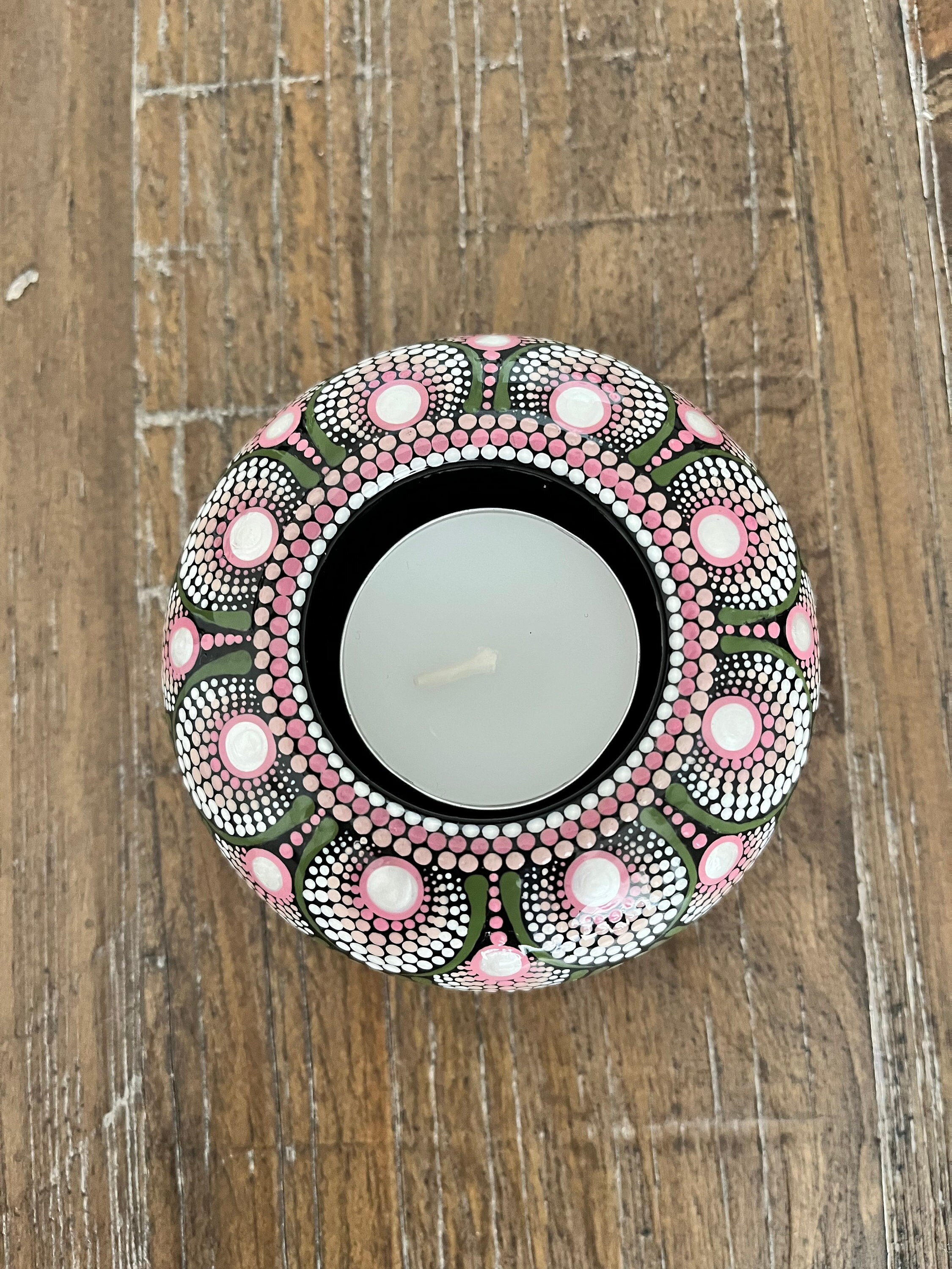Green and Rose Pink Tea Light Holder, Hand Painted Tea Light Holder ...