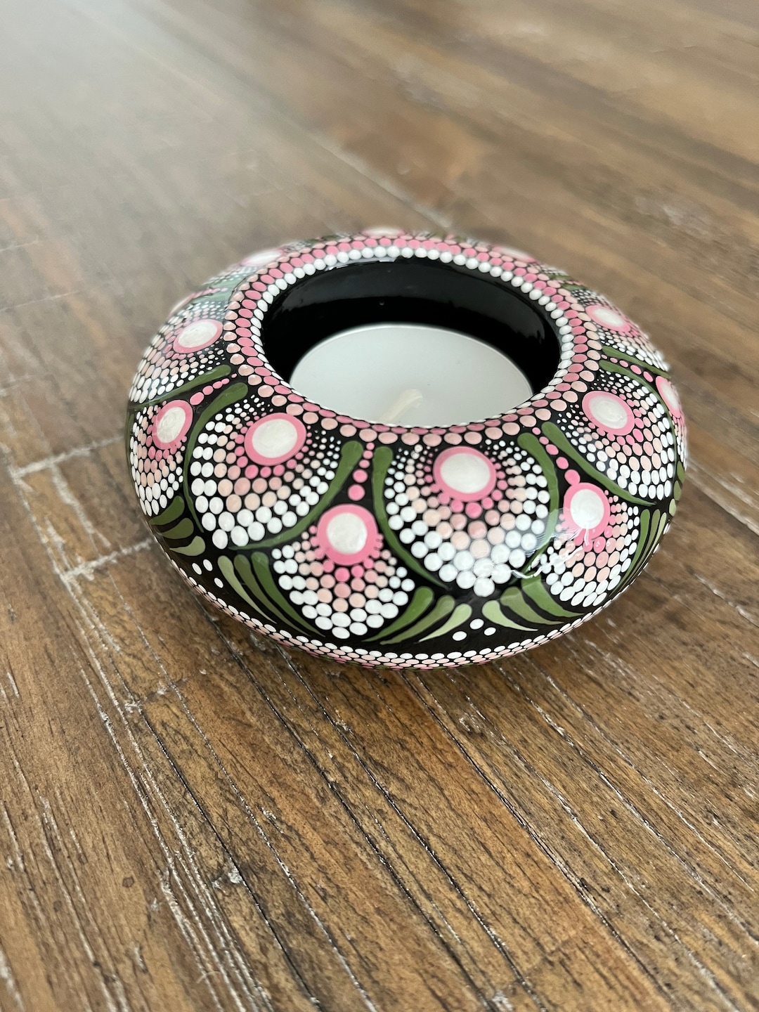 Green and Rose Pink Tea Light Holder, Hand Painted Tea Light Holder ...