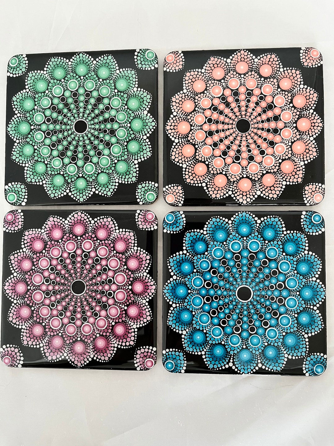 Hand Painted Wooden Coasters/dot Art Mandala Coasters/four Inch Square ...