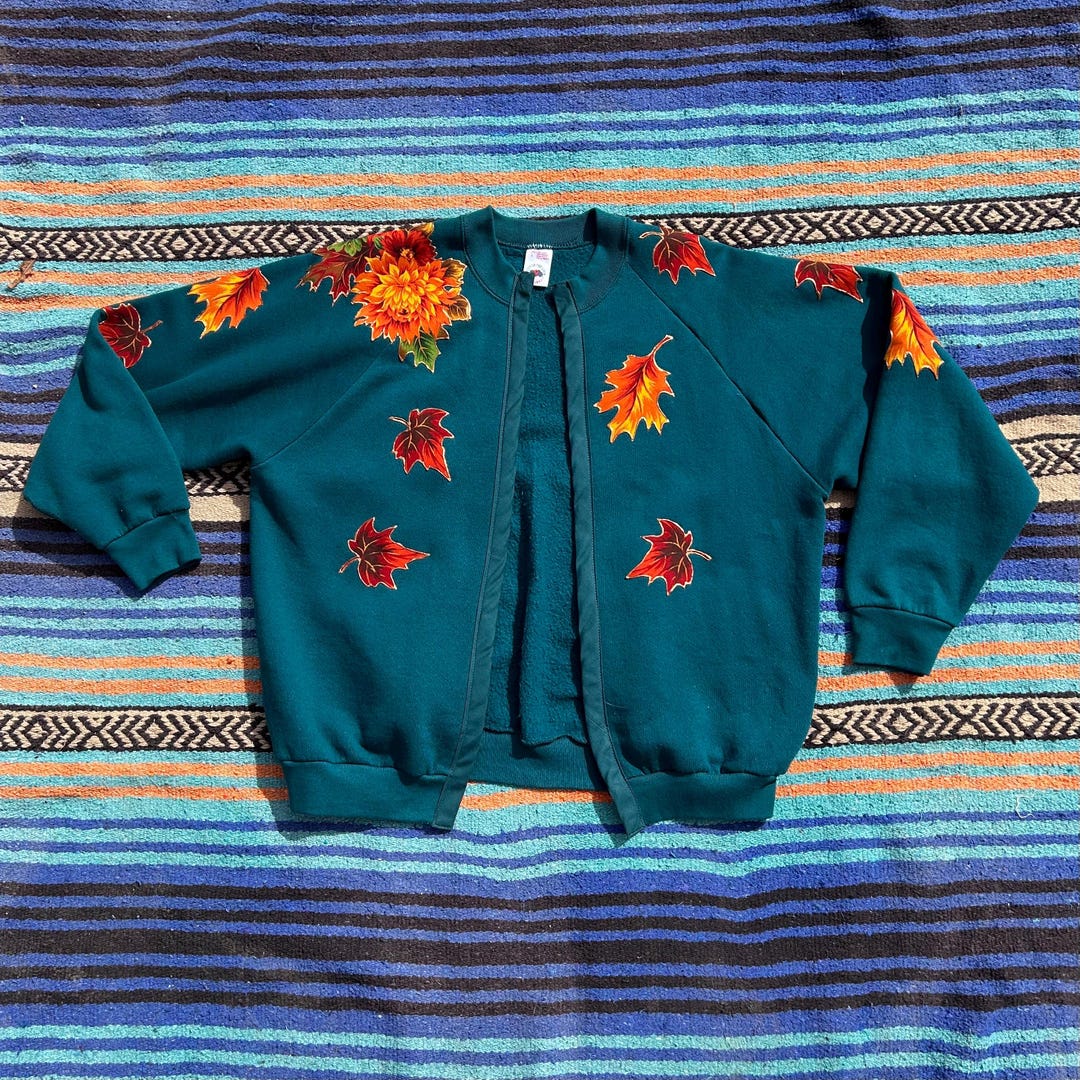 Vintage Upcycled Fall Cardigan With Leaves, Women’s Large, All Over ...