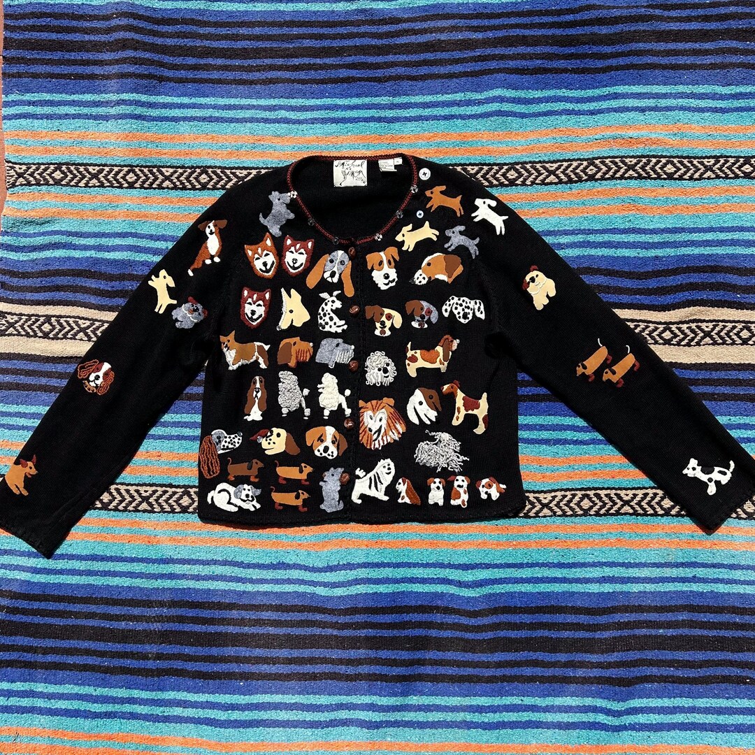 Vintage Rare Michael Simon Dog Cardigan, Womens XL, All Over Dog 3D ...