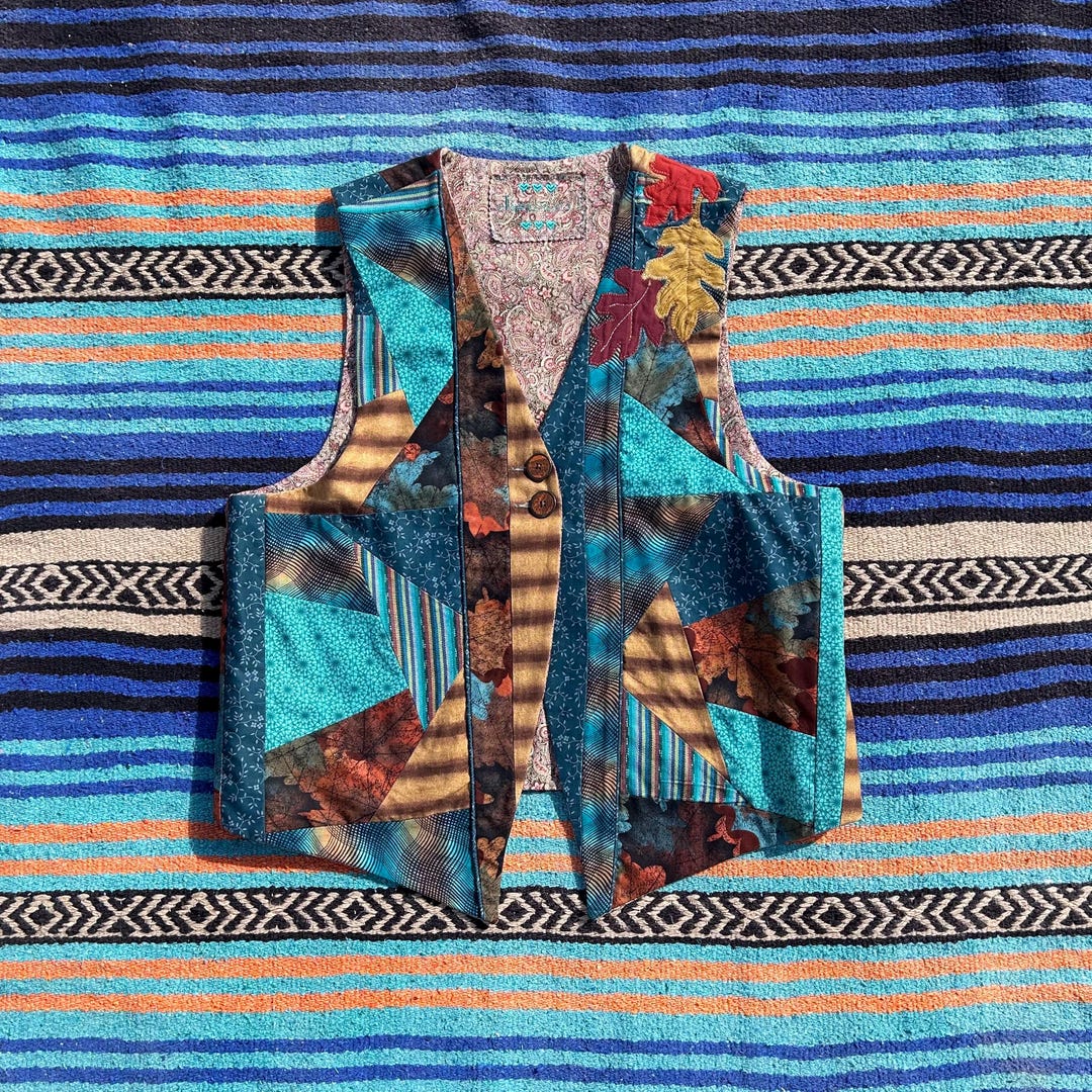 Handmade Patchwork Fall Vest With Serape and Leaves, Women’s Large ...