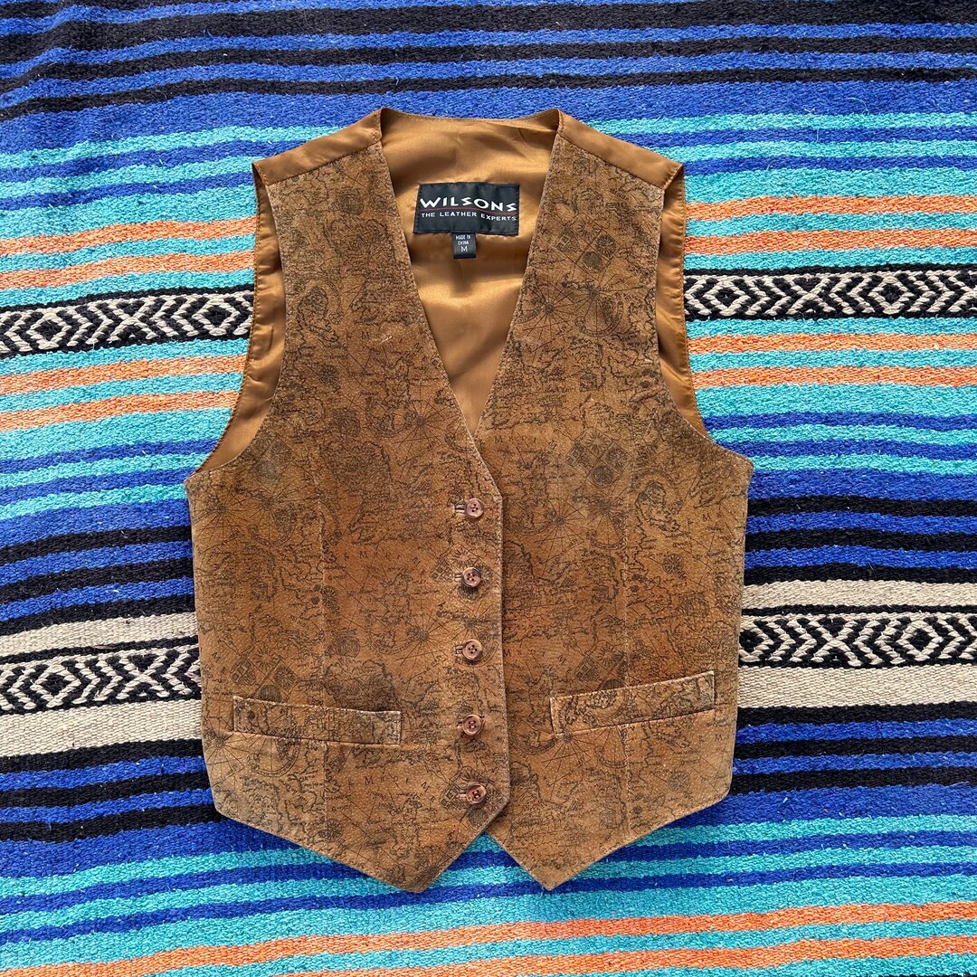 Vintage Wilsons Brown Leather Map Vest, Mens Medium, Tan Nautical Suede ...