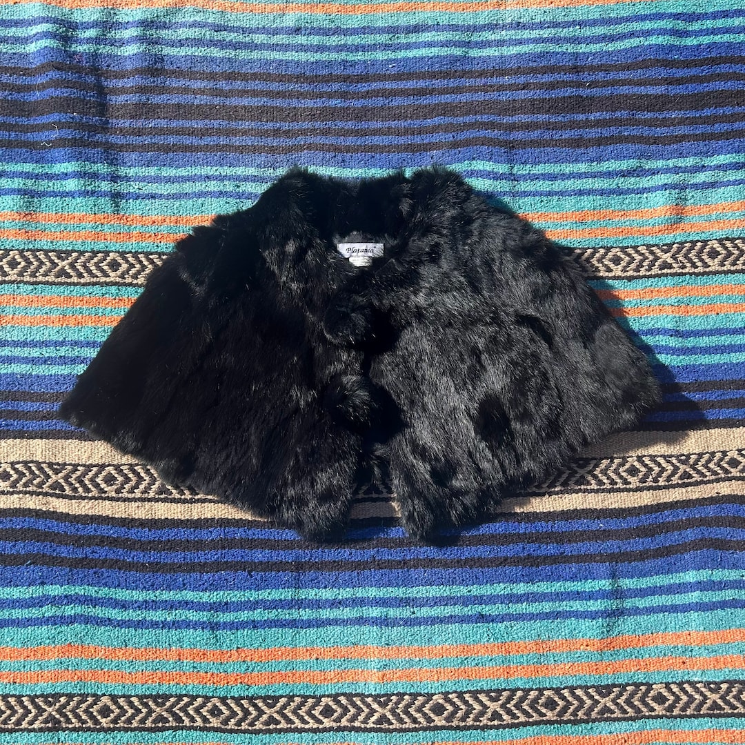 Vintage Rabbit Fur Black Fuzzy Shawl, Pom Pom Formal Wrap, Formal Dress ...