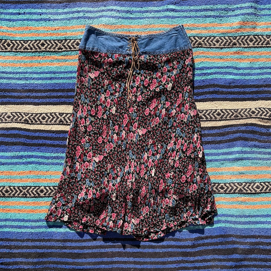 Vintage 1990’s Floral Prairie Skirt, Denim and Leather Tie Waistband ...