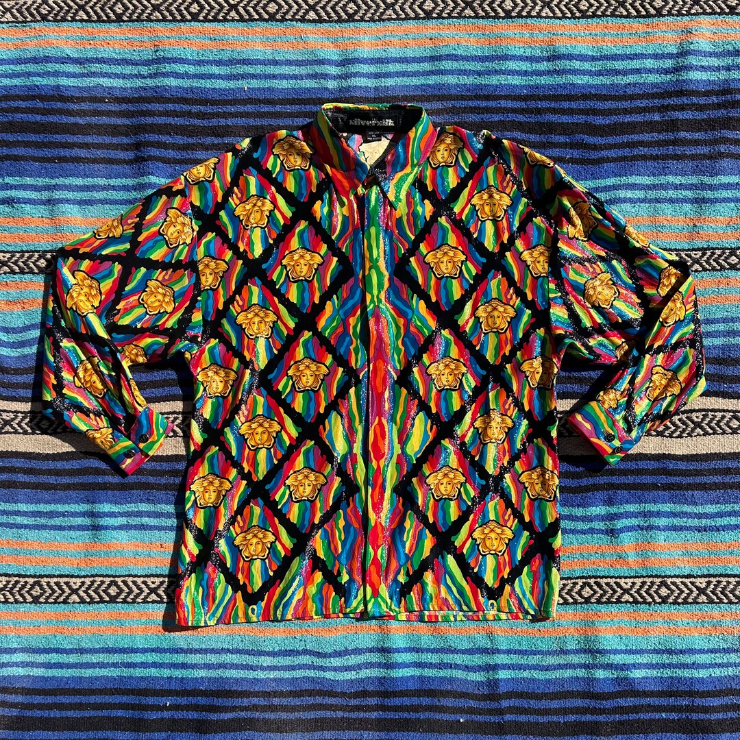Vintage 1990s Rare Silversilk Colorful Abstract Long Sleeve Shirt, Mens ...