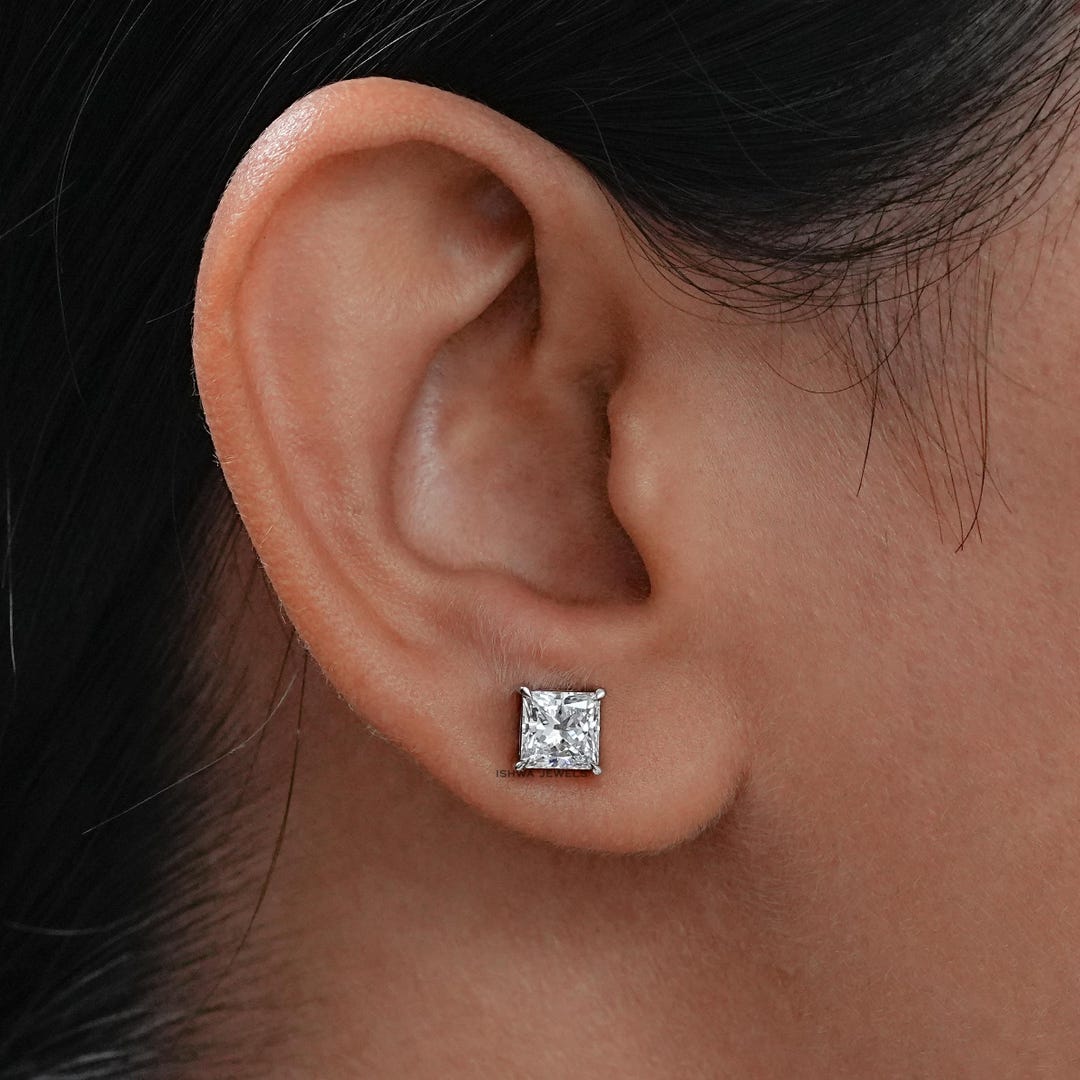 Princes Cut Natural Diamond Solitaire Earrings / 14K White Gold Screw ...