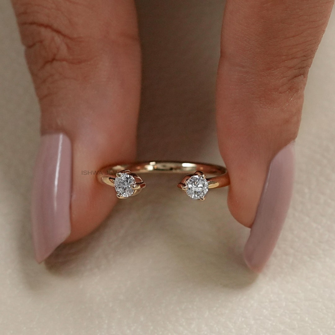 14K Gold Diamond Cuff Ring / 3.00 MM Round Natural Diamond Ring / Dual Diamond Open Design ...