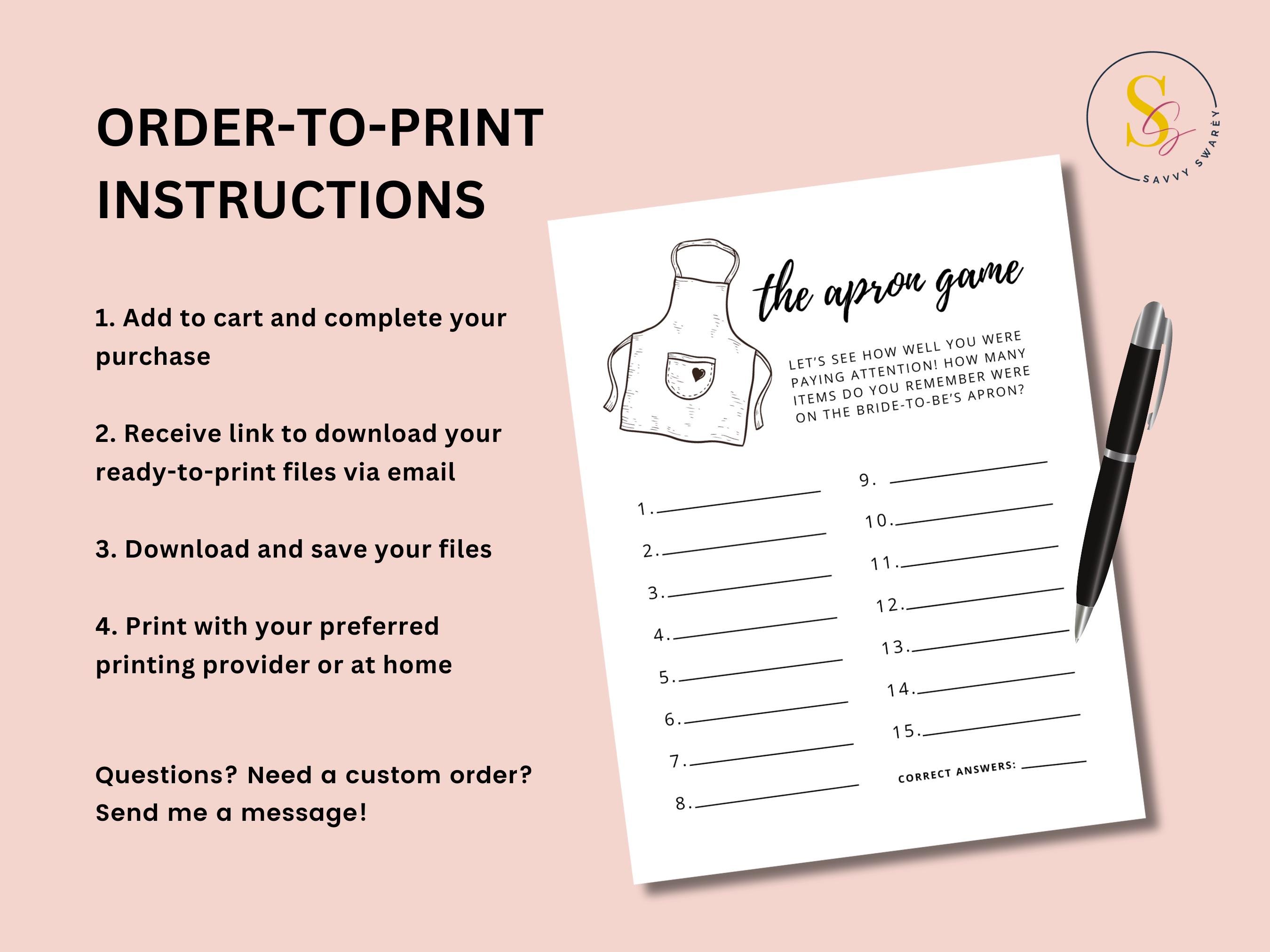 The Apron Game | DIY Printable Bridal Shower Game | Minimalist, Black ...