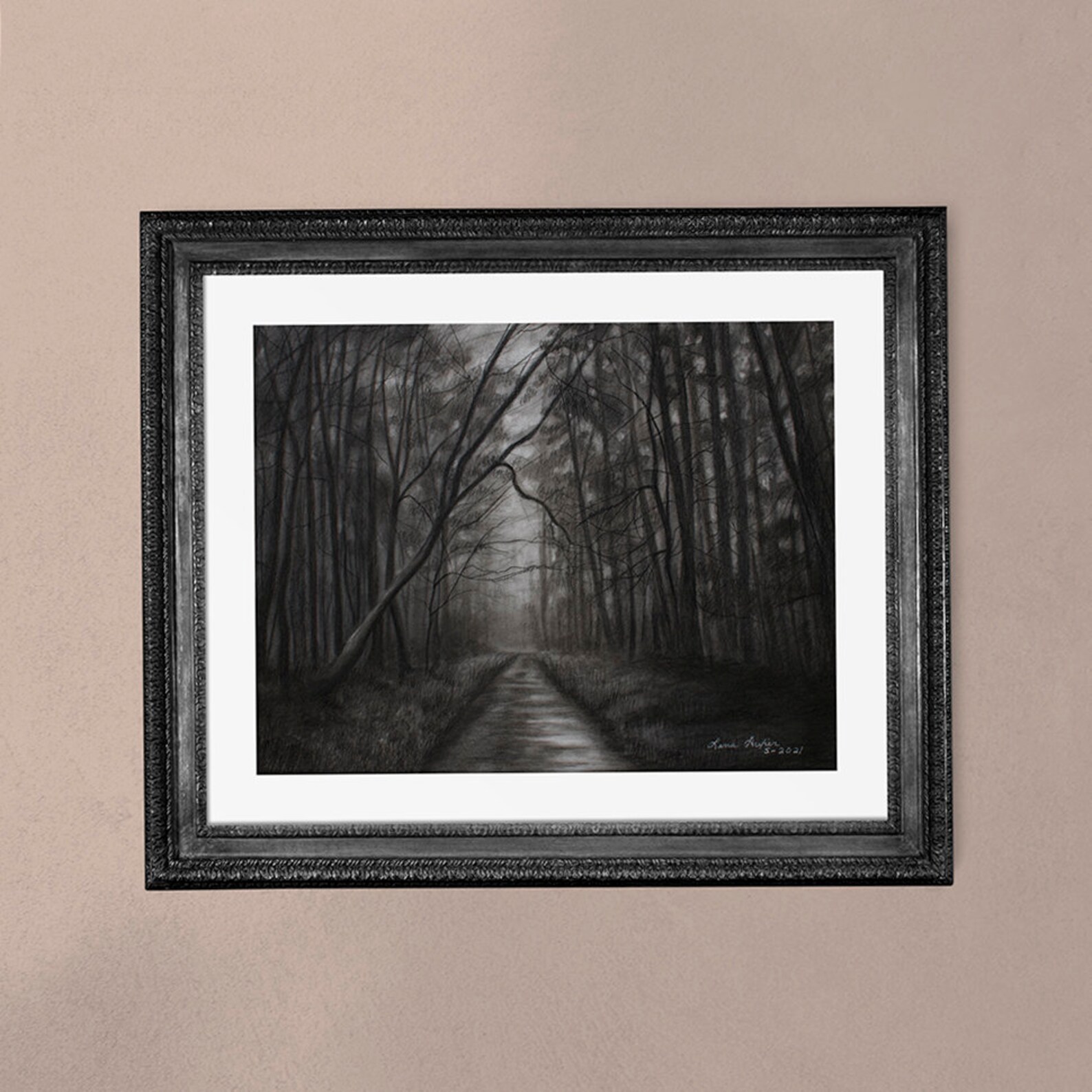Dark Wooded Forest ORIGINAL Charcoal Pencil Drawing, 11x14, Spooky ...