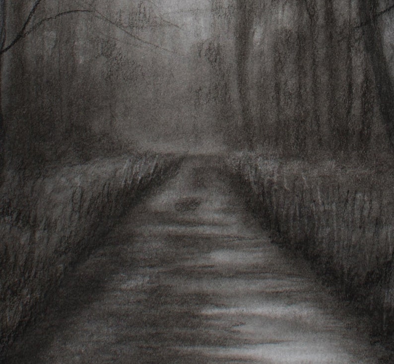 Dark Wooded Forest ORIGINAL Charcoal Pencil Drawing, 11x14, Spooky ...