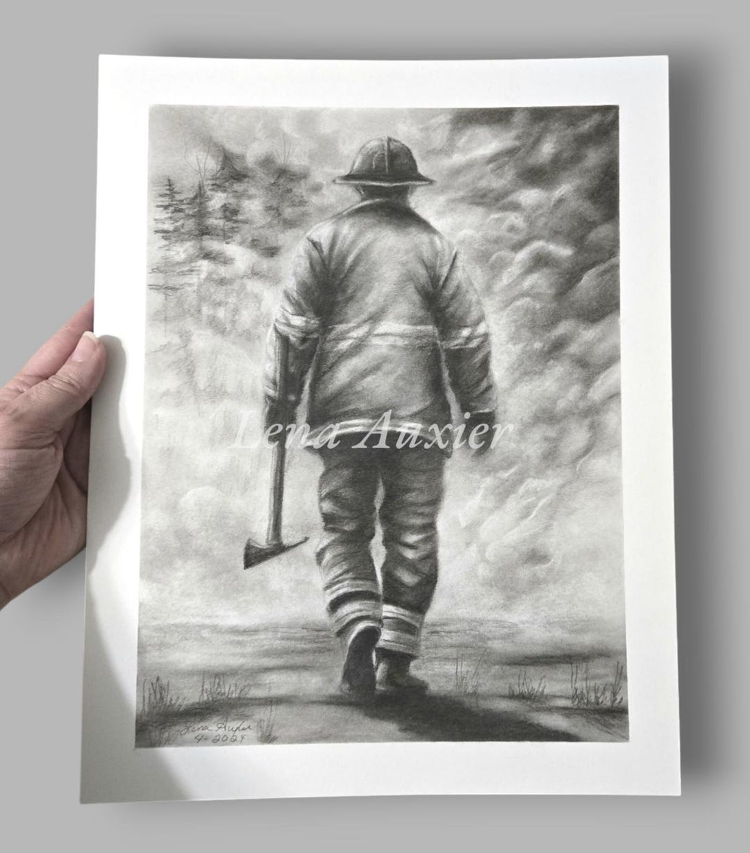 Hand Drawn Firefighter Hero ORIGINAL Charcoal Pencil Drawing on Paper ...