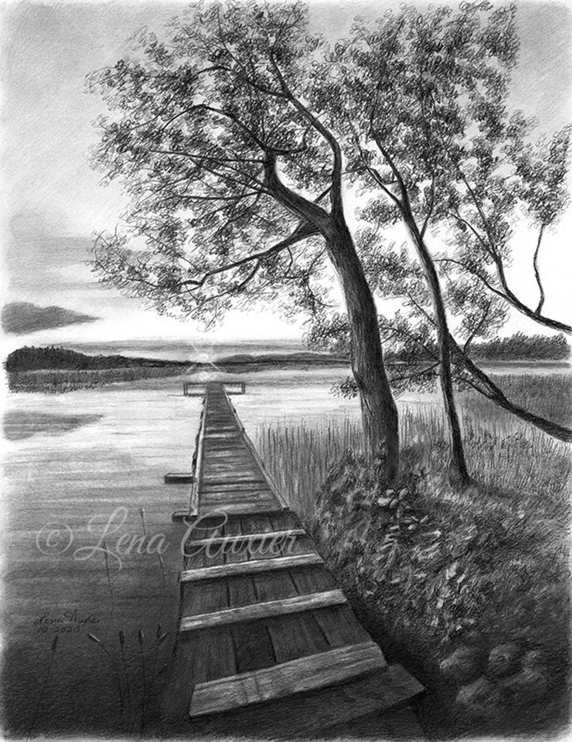 Sunset Lake Drawing Fishing Pier Dock Art Home Decor - Etsy