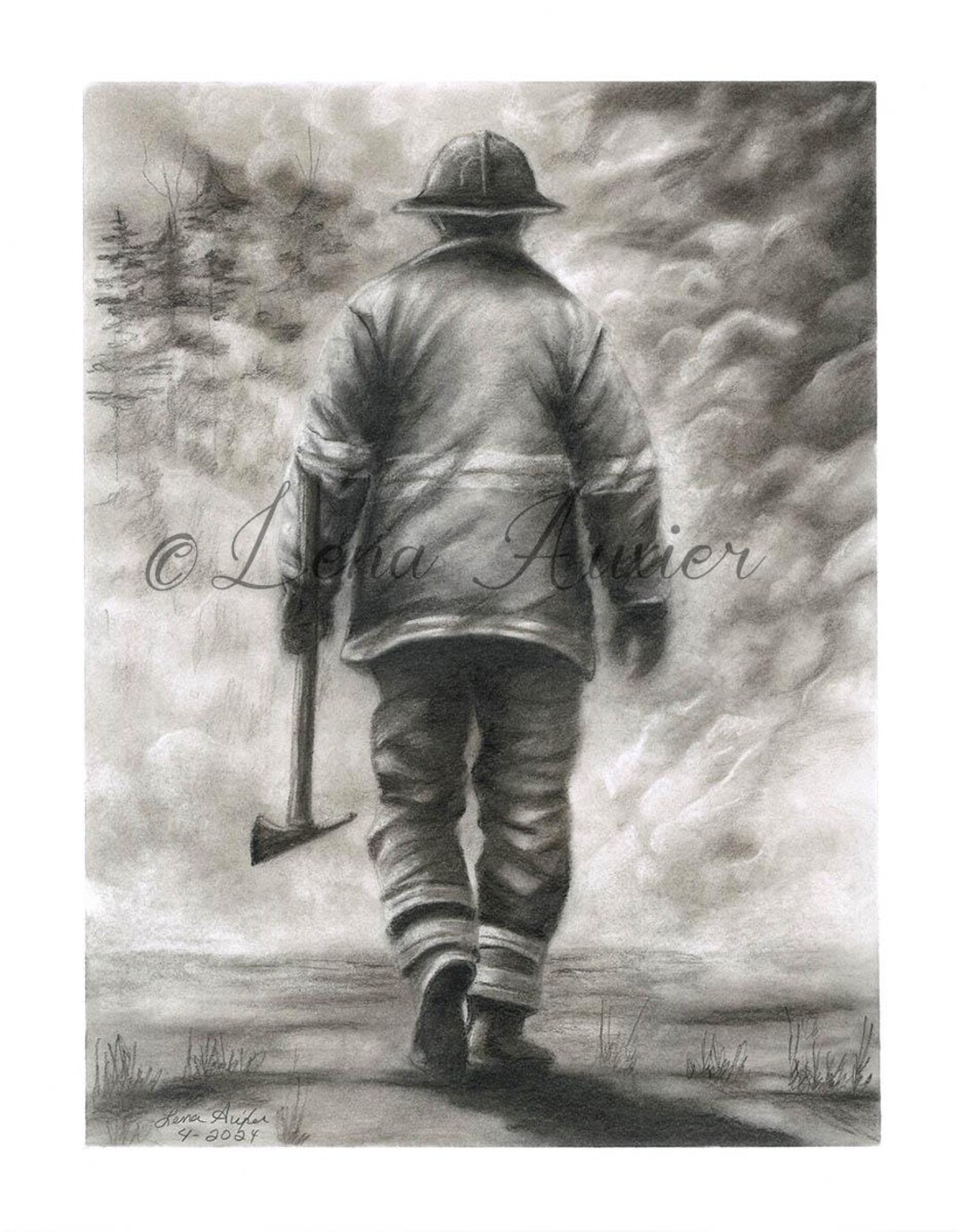 Firefighter Hero Original Charcoal Pencil Drawing, 11x14 Brave Fireman ...