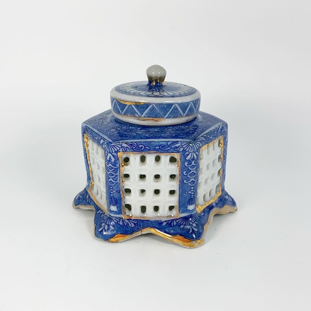 Vintage Japanese Hirado Reticulated Hexagonal Porcelain Inkwell, Blue ...