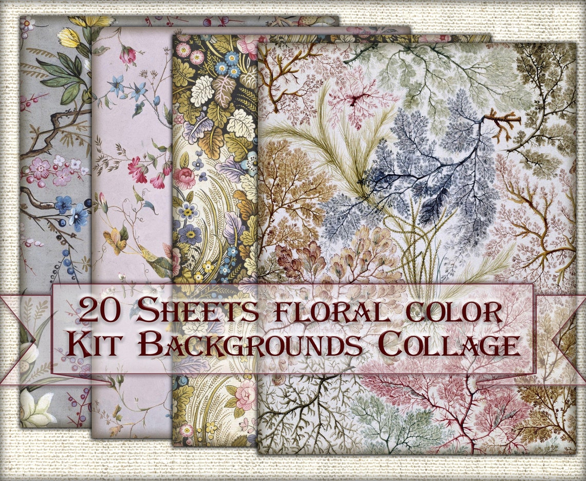 Vintage Kit Backgrounds Botanical Printcollage Sheets Floral | Etsy
