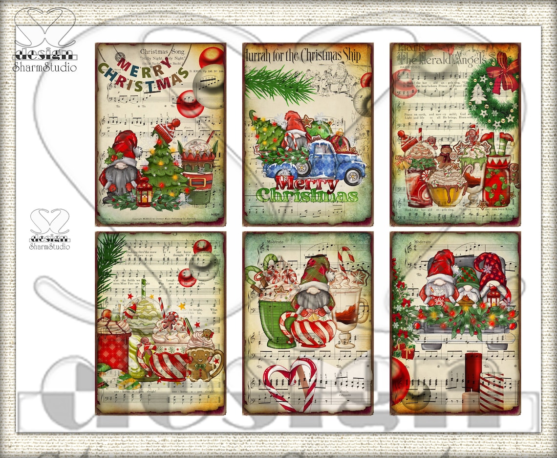 Christmas Digital Picture Gnomes Collage Printable Cards Atc - Etsy
