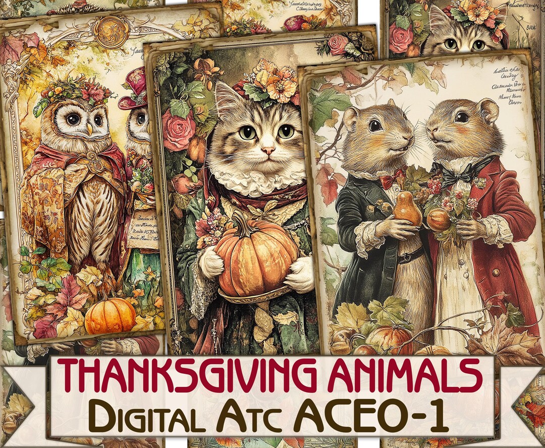 Vintage Thanksgiving Animals Picture Collage Printable Cards Atc ...
